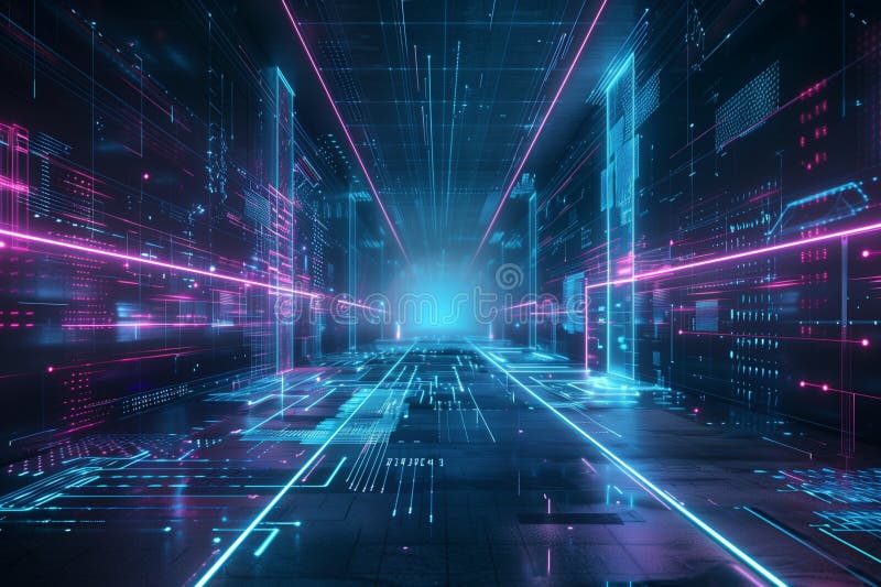 Abstract Digital Background with Glowing Neon Lines and Cyberpunk ...