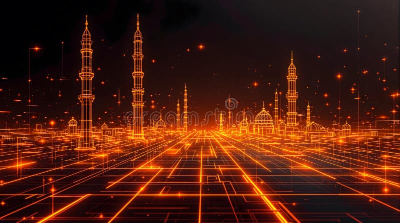 Abstract Digital Background – Neon Wireframe Blueprint with Dynamic Light and Deep Contrast ...