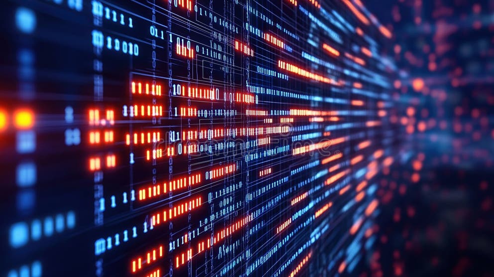 Abstract Digital Binary Code Background with Glowing Red and Blue Lines, Data Flow Streams and ...