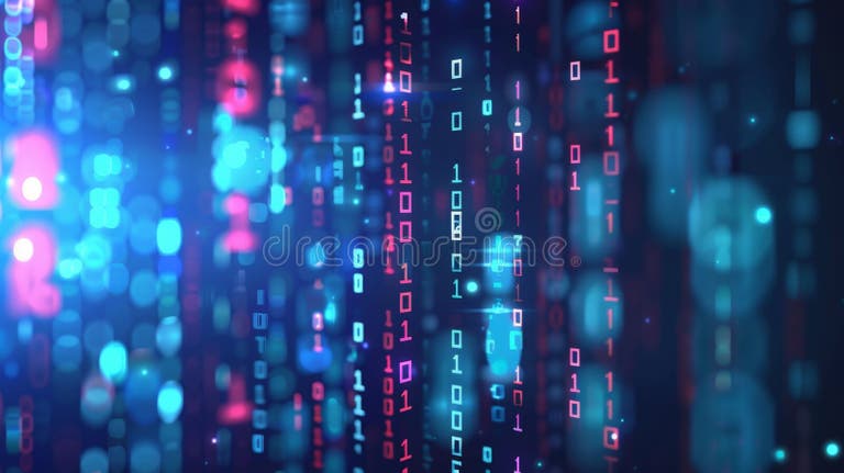 Abstract Digital Binary Code Technology Background with Futuristic Data Flow and Glowing Lights ...