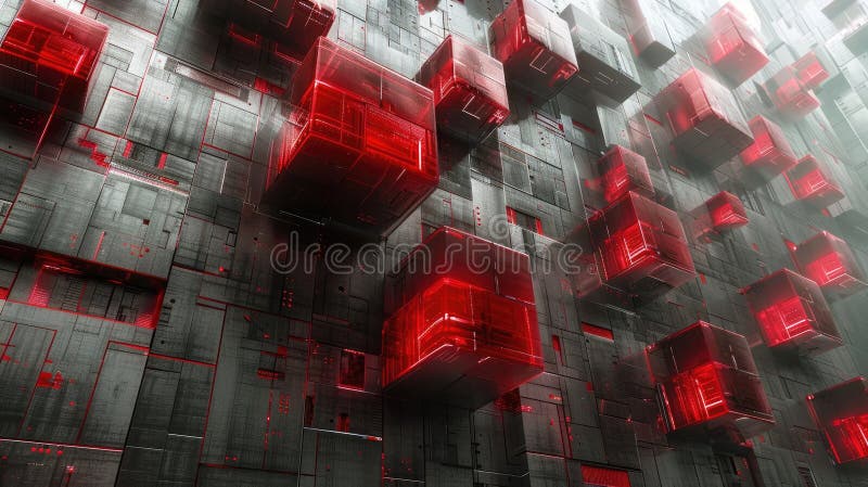 Abstract Digital Blocks in a Futuristic Red and Black Space, with a ...