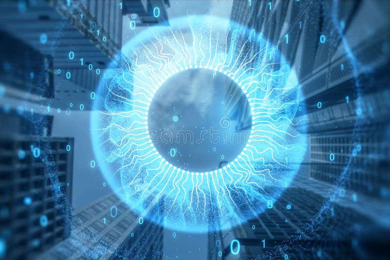 Abstract Digital Blue Eye Iris on Blurry City Background. Technology ...