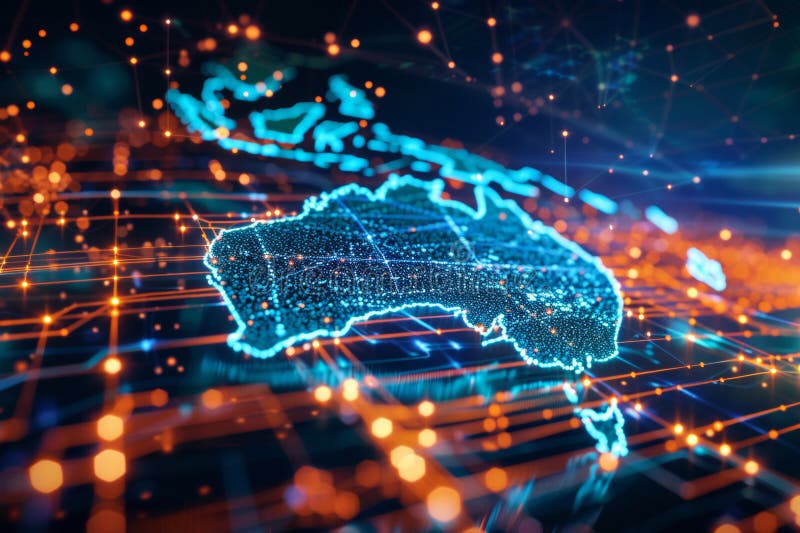 Abstract Digital Blue Outline of Australia on a Dark Background Stock ...