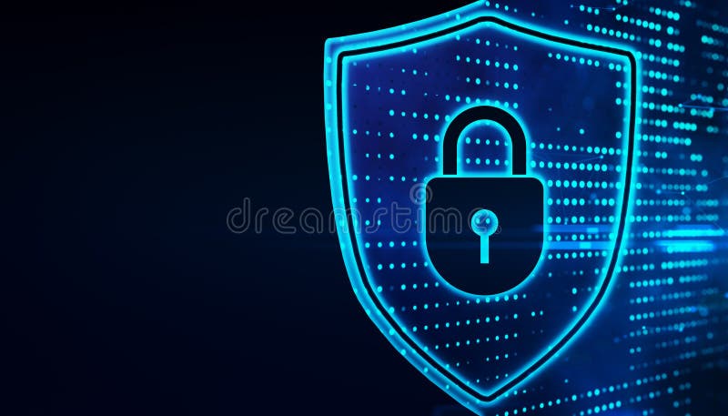 Abstract Digital Blue Shield with Padlock on Dark Backdrop with Mock Up ...