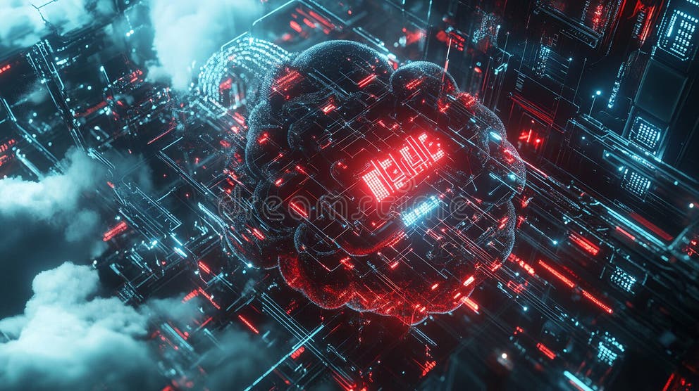 Abstract Digital Brain Cloud Computing Network Technology Red Blue Neon ...