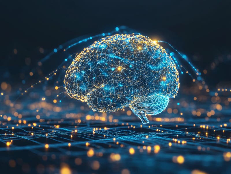 Abstract Digital Brain with Glowing Blue Nodes and Orange Connections ...