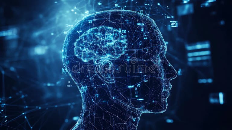 Abstract Digital Brain and Human Head with Binary Code Stock Illustration - Illustration of ...