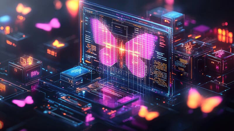 Abstract Digital Butterfly on a Computer Screen Surrounded by Colorful ...