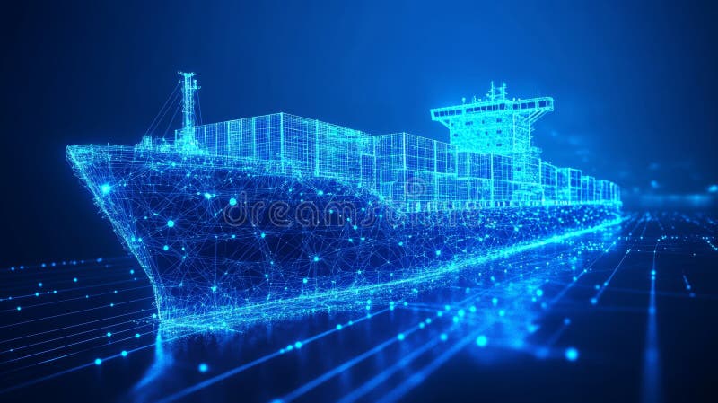 Abstract Digital Cargo Ship on Blue Technology Background. Maritime ...