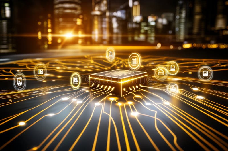 Abstract Digital Chip Technology Network Golden Lines Futuristic ...