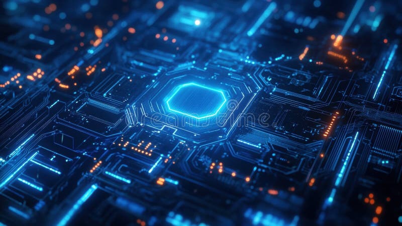 Abstract Digital Circuit Board Design with Glowing Blue and Orange ...