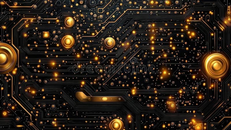 Abstract Digital Circuit Board Design with Glowing Golden Elements on a ...