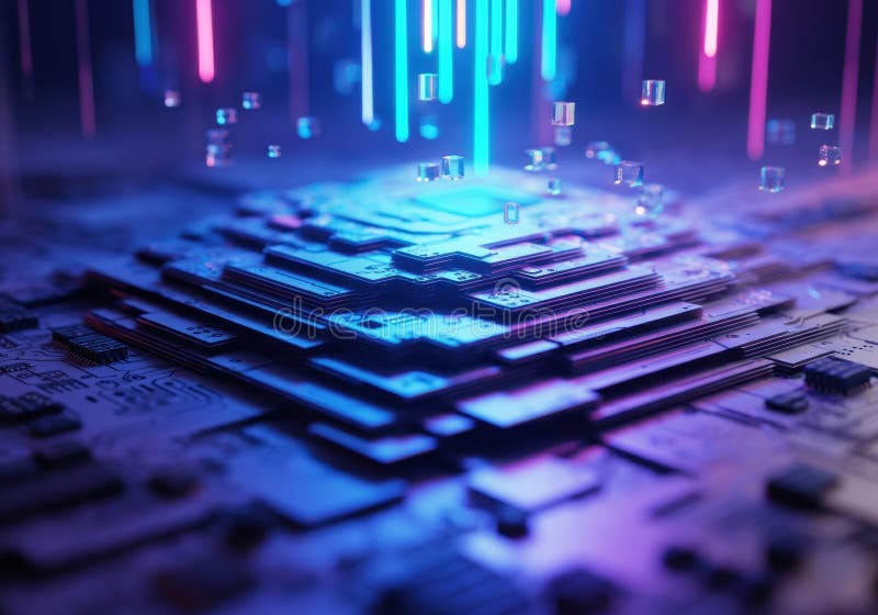 Abstract Digital Circuit Board with Glowing Elements and Vibrant Colors ...