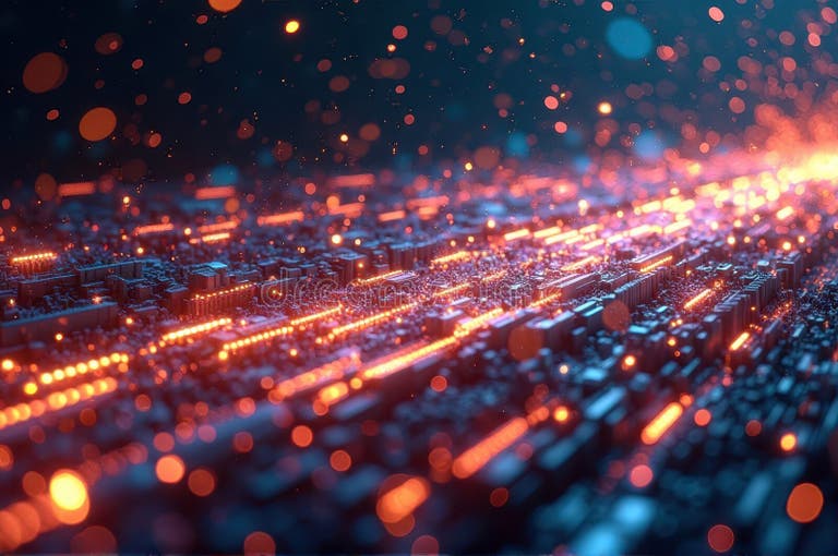 Abstract Digital Circuit Board with Glowing Orange and Blue Particles ...