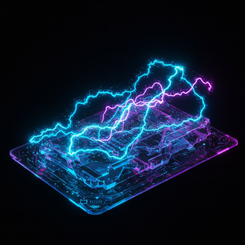Abstract Digital Circuit Board with Neon Lightning Stock Illustration ...