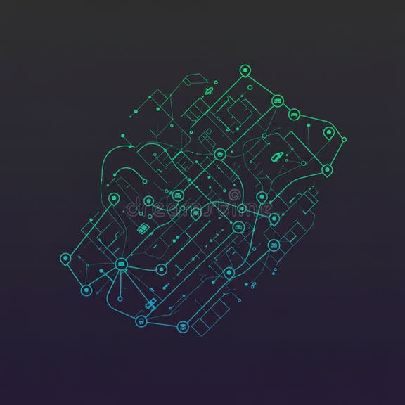 Abstract Digital Circuit Design on a Dark Background. Neon Lines and ...