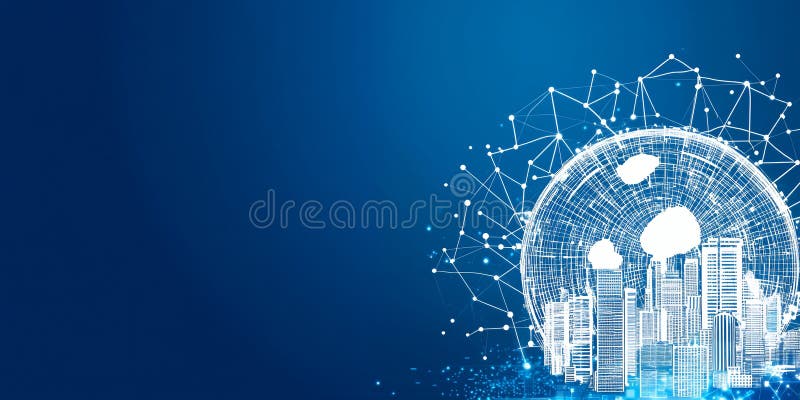 Abstract Digital City with a Globe on Blue Background Stock ...
