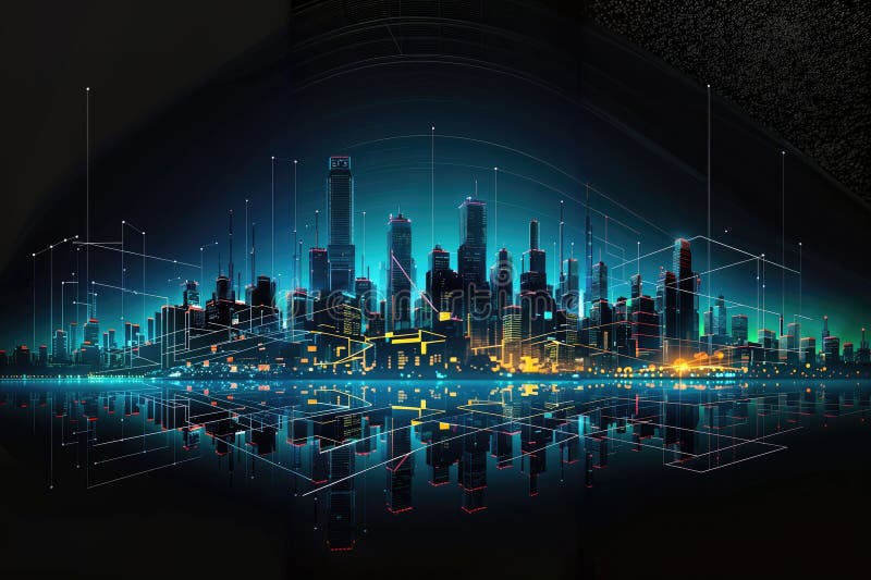 Abstract Digital City with Glowing Lines and Grid on Dark Background ...