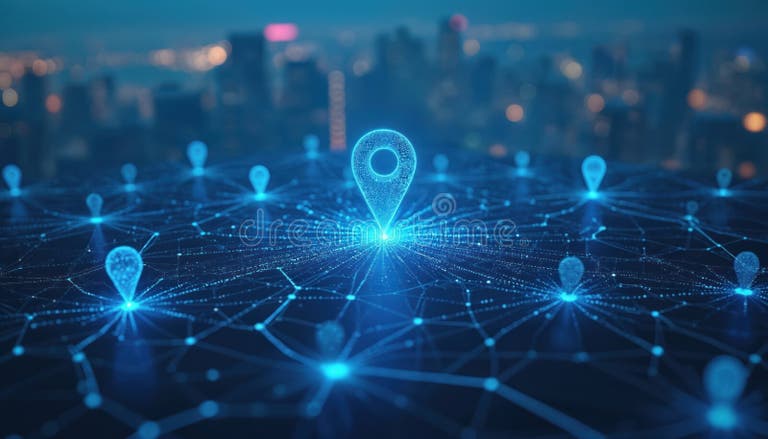 Abstract Digital City Map Featuring Glowing Blue Location Pins ...