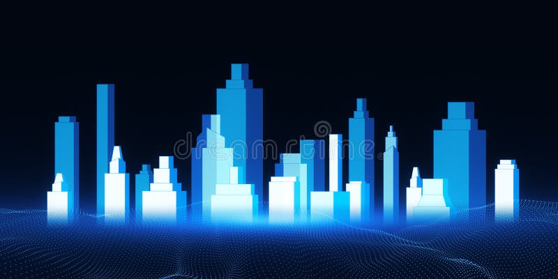 An Abstract Digital City Skyline Over a Dotted Wave Pattern on a Dark ...