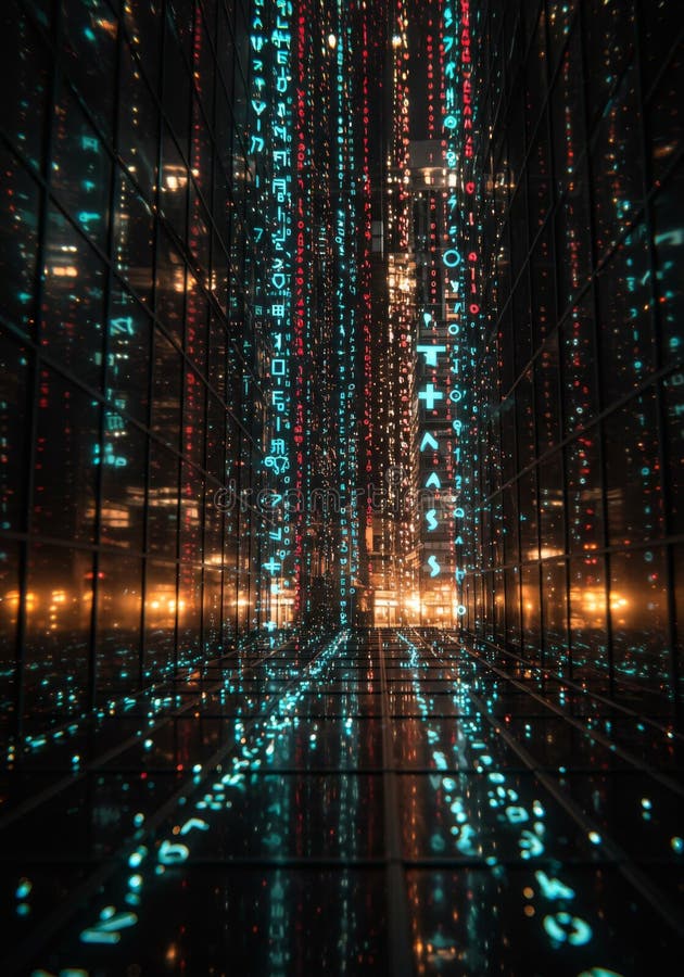 Abstract Digital Cityscape with Glowing Code Streams Stock Illustration ...