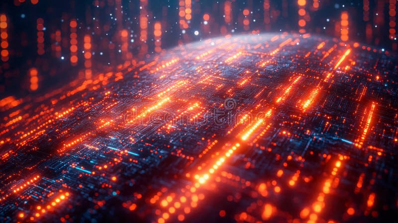 Abstract Digital Cityscape Glowing Red Blue Lights Representing ...