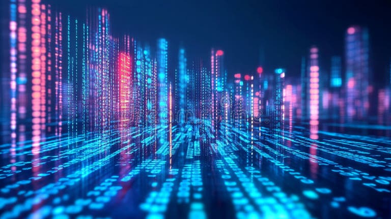 Abstract Digital Cityscape Neon Glowing Lines Futuristic Technology Background Binary Code Data ...