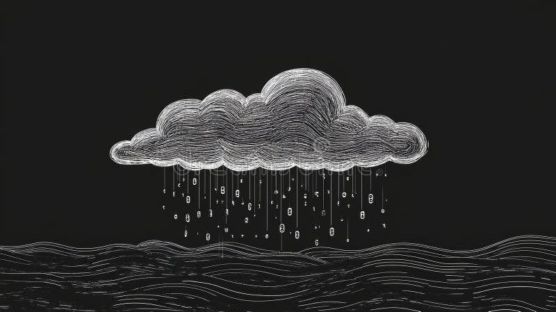 Abstract Digital Cloud with Binary Code Rain Over Waves on Black ...