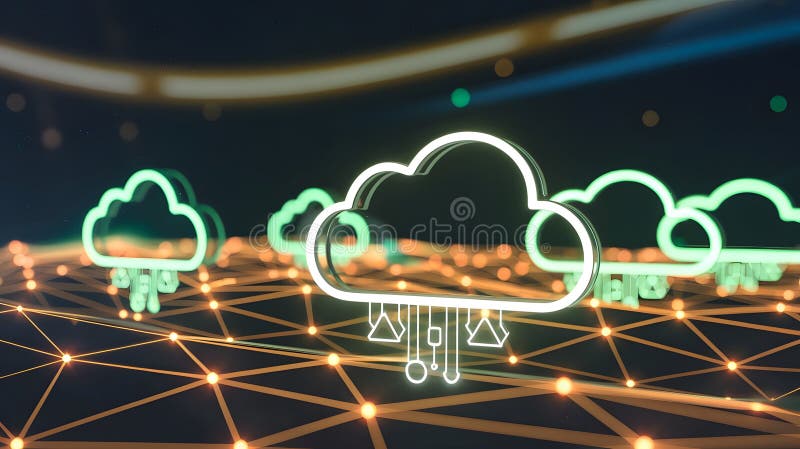 Abstract Digital Cloud Computing Concept with Neon Cloud Icons. Stock Illustration ...