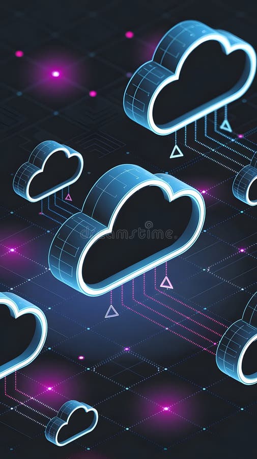 Abstract Digital Cloud Computing Concept with Neon Cloud Icons. Stock Illustration ...
