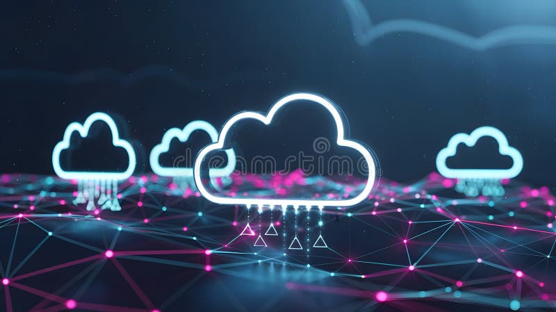 Abstract Digital Cloud Computing Concept with Neon Cloud Icons. Stock Illustration ...