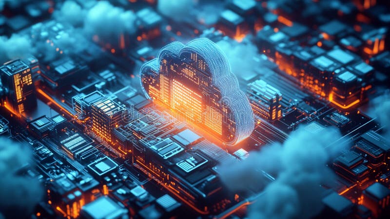 Abstract Digital Cloud Computing Network Data Center Server Technology 3D Blue Neon Board Cyber ...