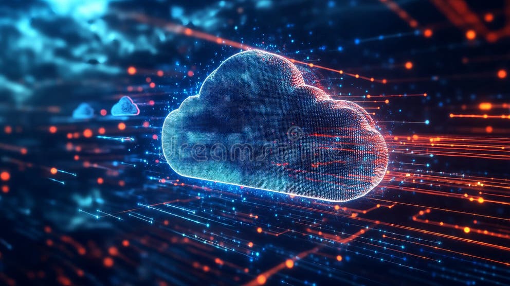 Abstract Digital Cloud Computing Network Data Flow Technology Innovation Web Red Blue Light ...