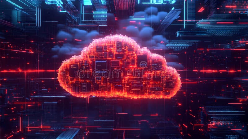 Abstract Digital Cloud Computing Network Data Red Neon Glow Technology Future Art Code Cyber ...