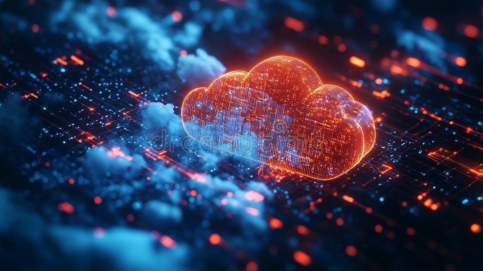 Abstract Digital Cloud Computing Network Data Technology Orange Blue Glow Web Cyber Light Server ...