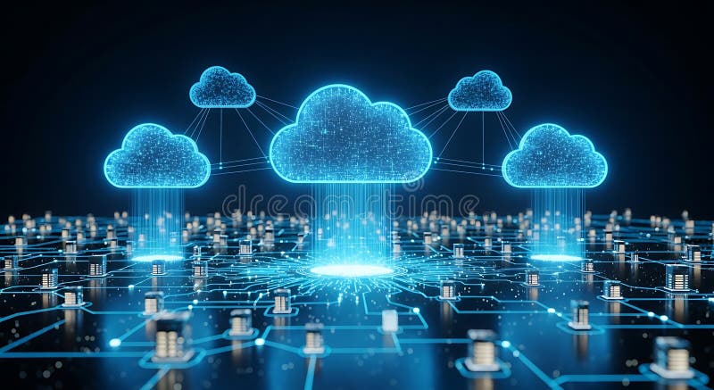 Abstract Digital Cloud Computing Network with Glowing Blue Data Streams Connecting To Servers ...