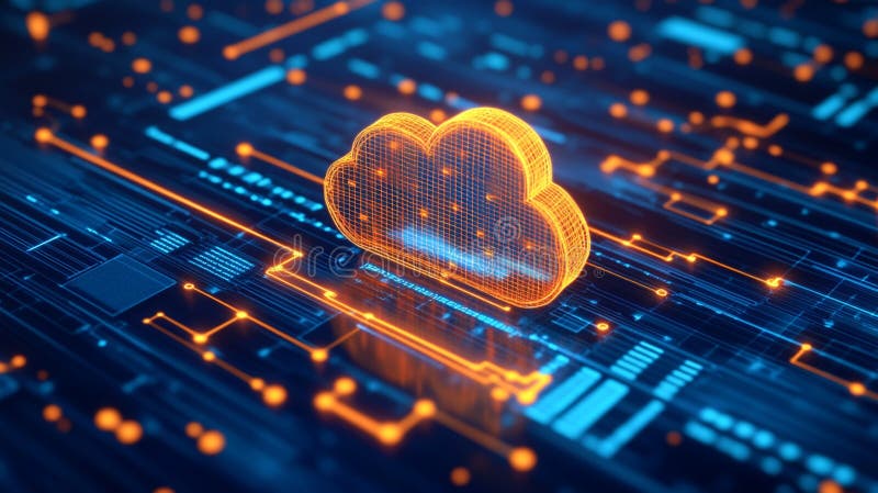 Abstract Digital Cloud Computing Network Orange Blue Technology Web Data Cyber Board Server ...