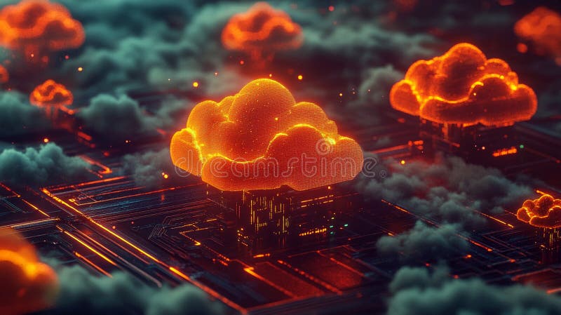 Abstract Digital Cloud Computing Network Orange Glow Technology Data Fire Cyber Board Light ...