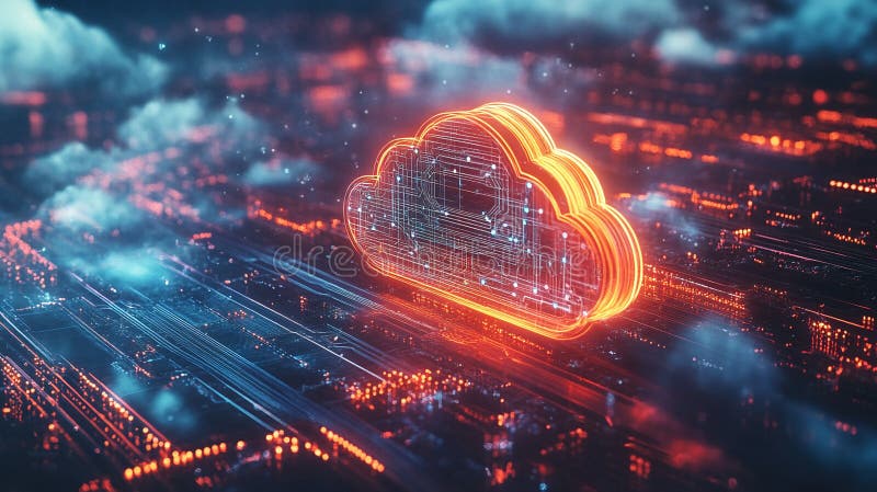Abstract Digital Cloud Computing Network Technology Data Server Orange Neon Glow Lines Web Wire ...