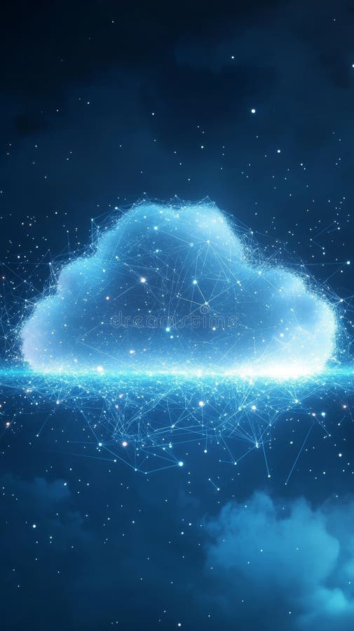 Abstract Digital Cloud Concept with Data Connections and Stars in Dark ...