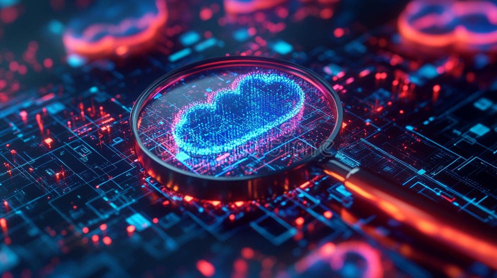 Digital Cloud Computing Data Analysis Magnifying Glass Circuit Board Technology Web Cyber Server ...