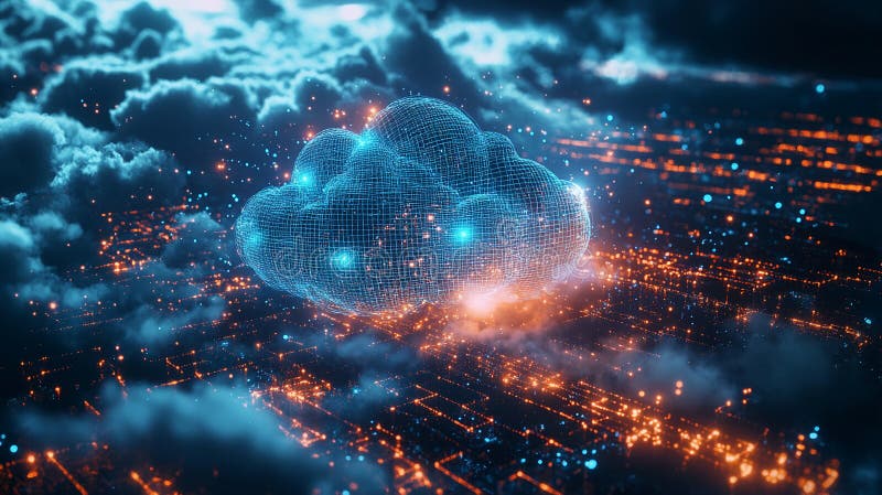 Abstract Digital Cloud Network Futuristic Technology Data Blue Orange Glow Art Mesh Grid Cyber ...