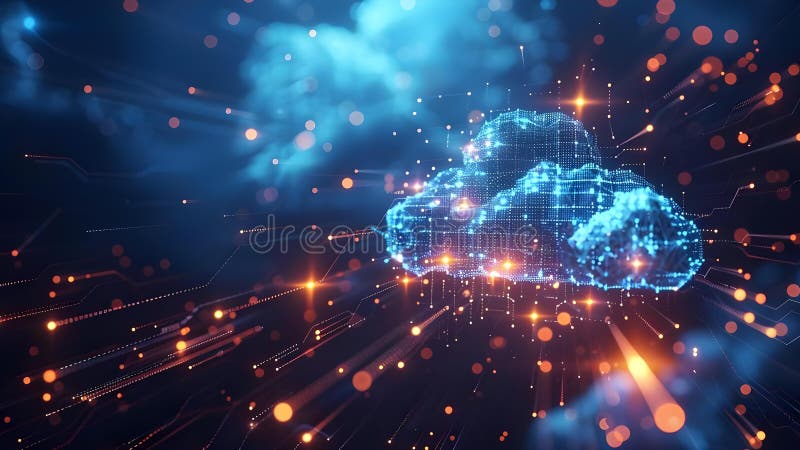 Abstract Digital Cloud Processing Background with Glowing Pixels and ...