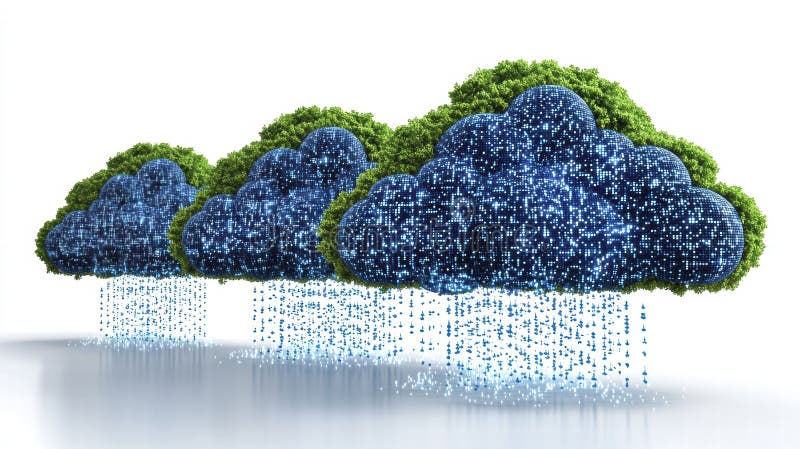 Abstract Digital Clouds with Data Rain Blue and Green Data Points on ...