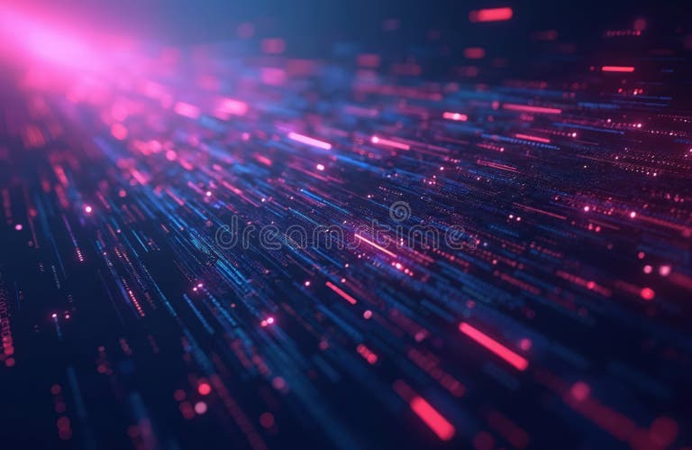 Abstract Digital Code Streaming in Purple Blue Colors. Futuristic ...
