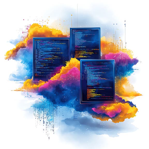 Abstract Digital Code in Vibrant Watercolor Clouds Software Development ...