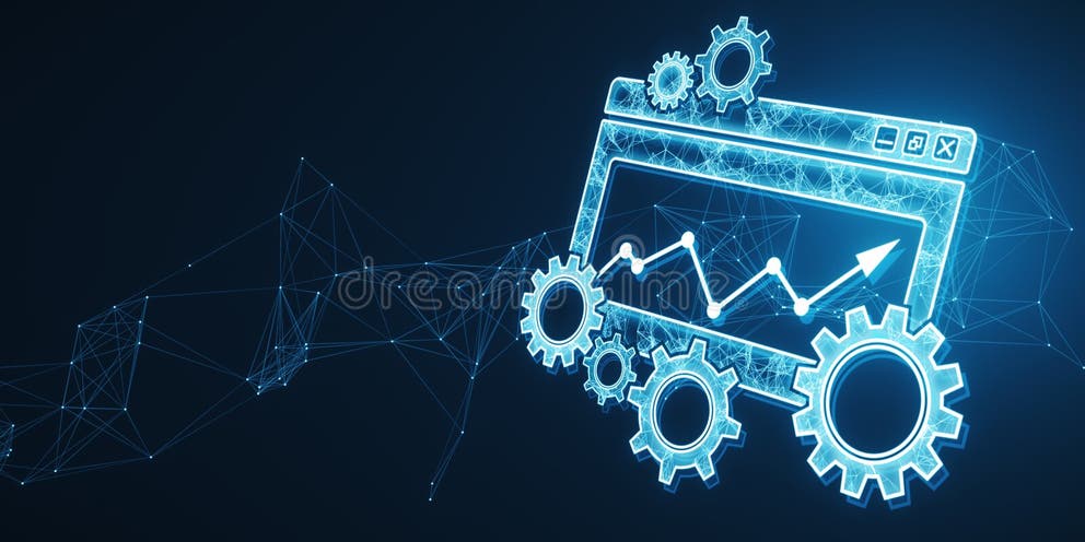 Abstract Digital Computer Folder with Cogs, Polygonal Mesh and Arrows ...