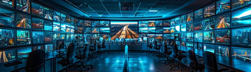 Abstract Digital Corridor with Glowing Screens Displaying Various ...