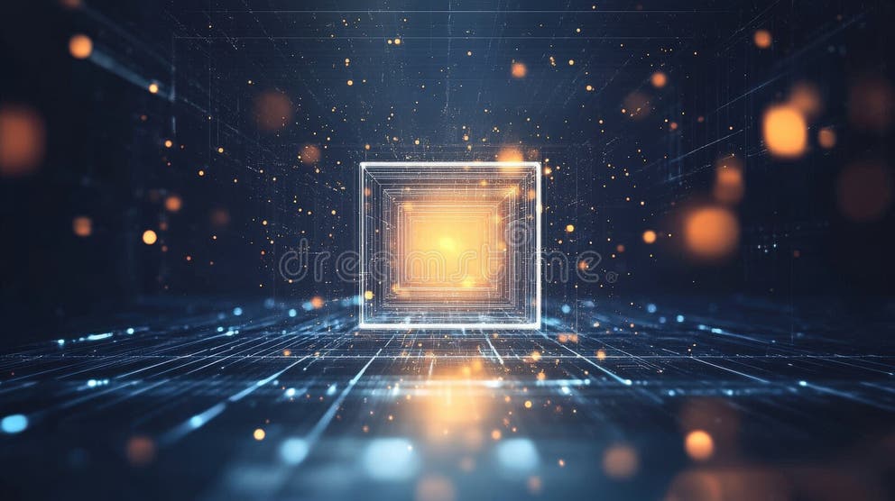 Abstract Digital Cube with Glowing Center and Particle Background ...