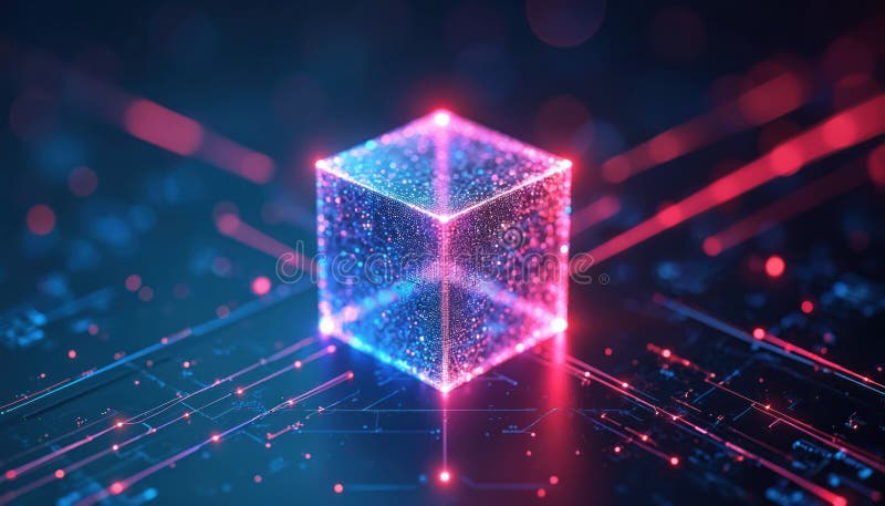 Abstract Digital Cube Glowing Lines, Dots on Dark Blue Background. Futuristic 3D Render of ...